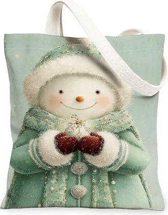Generic Sacs fourre-tout en toile motif bonhomme de neige dhiver, adorables sacs dépicerie réutilisables, légers et lavables avec bandoulière en toile, menthe