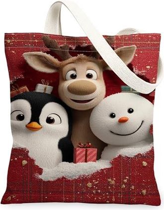 Generic Sacs fourre-tout en toile avec motif animal festif, motif renne et pingouin, sacs d&eacute;picerie r&eacute;utilisables, l&eacute;gers et lavables avec bandouli&egrave;re pour vo