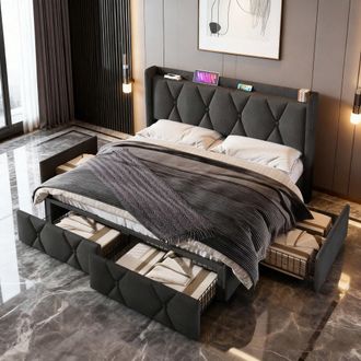 Generic Polsterbett 140x200 cm mit USB-Ladefunktion & 4 Schubladen - Graues Stauraumbett mit Holzlattenrost - Doppelbett ohne Matratze