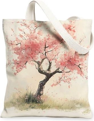 Generic Sac fourre-tout en toile r&eacute;utilisable pour le shopping, 33 x 38 cm, motif fleurs de campagne, arbre de champ, sac d&eacute;picerie r&eacute;utilisable pour femme, m