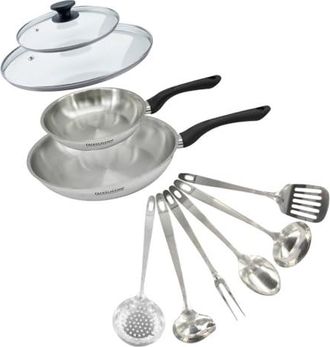 Fackelmann Fackelmann 9445750 Set mit 2 Pfannen 20 und 28 cm aus Edelstahl 18/8, 2 Glasdeckel und 6 Edelstahlutensilien, Pfanne f&uuml;r alle Herdarten, Induktion, Pf