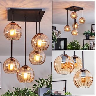 HOFSTEIN Deckenleuchte Koyoto, 5-flammige Deckenlampe aus Metall/Riffelglas in Schwarz/Bernstein, moderne Leuchte im Retro/Vintage-Design (Schirme Ø 15 cm), E1