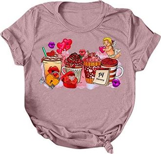 Generic Chemise de Saint-Valentin d&eacute;contract&eacute;e &agrave; manches courtes et col rond pour femme 2026, rose, XL