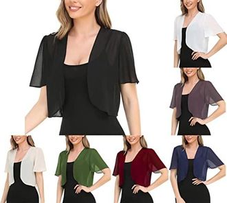 ORANDESIGNE Cardigan Boléro Court Femme en Mousseline de Soie Gilet à Manche Courte Boléro Veste Elégant Chic pour Robe Bretelle Mariage D Noir S