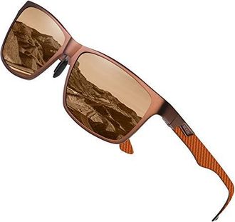 Duco Lunettes de soleil polarisées pour homme avec cadre rectangulaire en métal et lunettes en fibre de carbone UV400 CAT 3 8206, Monture marron - Lentille