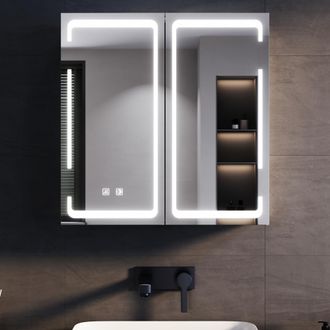 Sonni LED Spiegelschrank Bad und Steckdose 60 x 59 cm, Metall Spiegelschrank mit Touch-Schalter, 3 Lichtfarben + Defogging, Kabelloses Scharnier Design Weiß