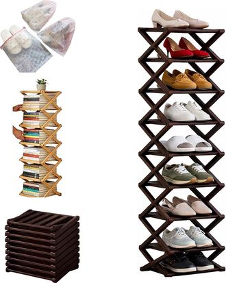 Generic 9-St&ouml;ckiges Bambusregal, 9-St&ouml;ckiges Bambusregal Ohne Montage, Faltbarer Platzsparender Schuhorganizer, Vertikale Schlanke Schuhaufbewahrung Mit 2-10 