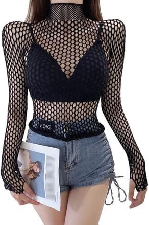 Generic T-shirt gothique en r&eacute;sille transparente pour femme - T-shirt skinny gothique &agrave; manches longues - Haut court, Noir, Taille unique