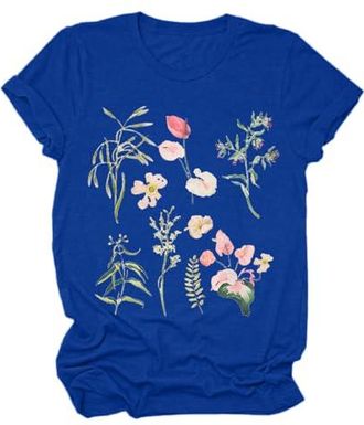 Generic T-shirt court &agrave; manches courtes et col rond pour femme, imprim&eacute; floral, bleu, XXL
