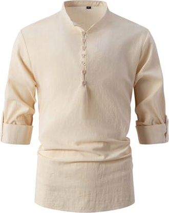 Generic Chemise &agrave; demi-boutons pour homme, chemise en coton et lin, chemises minimalistes de couleurs unies, chemises respirantes et polyvalentes, confortable