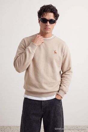 Trendyol MAN Herren Beige Animal-Print Lang Oversize Sweatshirts