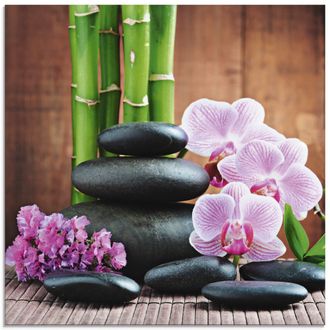 Artland ARTland Wanddeko Glasbilder Wandbild Glas Bild einteilig 40x40 cm Quadratisch Natur Asien Wellness Zen Steine Blumen Blüten Orchideen Bambus Pink T5OO
