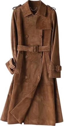 Generic Trench-coat en cuir v&eacute;ritable pour femme - Vintage revers double ceinture longue veste en cuir de vache, caf&eacute;, L