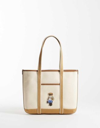 Polo Ralph Lauren Tote Bag mit B&auml;renprint in Cremewei&szlig;