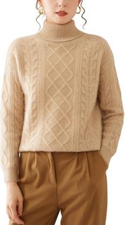Dissa Pull Cachemire Femme Col roulé Torsade Tricoté en Vrac Manches Longues épais Pull en Cachemire et Laine,Beige,EU 42,MA994
