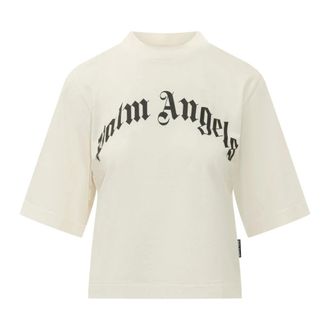 Palm Angels Femme, Tops, Blanc, Taille: 40 FR Tee Boxy &agrave; Logo Courb&eacute;
