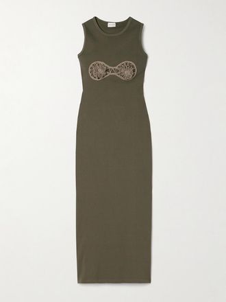 Magda Butrym Midikleid Aus Geripptem Jersey Aus Einer Baumwollmischung Mit H&auml;kelbesatz - Gr&uuml;n
