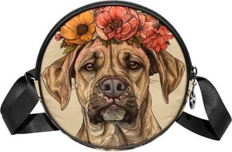 Generic Petit sac &agrave; bandouli&egrave;re rond pour femme, motif fleurs de chien, sac &agrave; dos avec fermeture &eacute;clair, bretelles r&eacute;glables, sac &agrave; main rond d&eacute;contract&eacute; pour