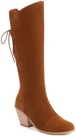 Generic Bottes d&eacute;quitation vintage en faux daim pour femme, bout rond, talons &eacute;pais, lacets dans le dos, chaussures de f&ecirc;te d&eacute;contract&eacute;es, marron, 39.5 EU
