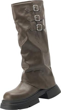 Generic Bottes plates &agrave; hauteur du genou pour femme, bottes montantes repliables pour femme, talon bloc &eacute;pais et bout rond, bottes habill&eacute;es avec boucle, coup