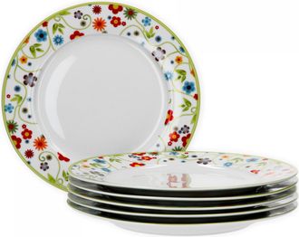 Van Well van Well Vario Speiseteller-Set 6-teilig - Tafel-Service f&uuml;r 6 Personen - flache Ess-Teller mit &Oslash; 26,5cm - Porzellan-Service wei&szlig; mit Rand in Flower D