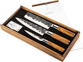 Forged Olive Messerset 3-teilig, handgefertigt, in Holzkiste