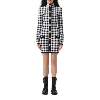 Balmain Elegantes Gingham Mini Kleid mit Goldkn&ouml;pfen - - Dresses - Damen - Wei&szlig; - 2XS