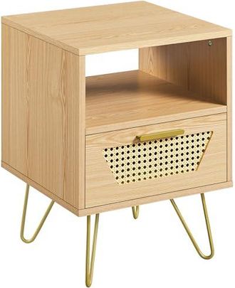 Yaheetech Nachttisch Rattan Beistelltisch Nachtschrank für Boxspringbett Nachtkommode mit 1 Schublade und 1 offenen Ablagefach Metallbeine Sofatisch 40 × 40 × 5