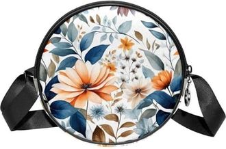 Generic Sac &agrave; bandouli&egrave;re rond pour femme, motif fleurs et feuilles, sac &agrave; dos avec fermeture &eacute;clair, bretelles r&eacute;glables, sac &agrave; main rond d&eacute;contract&eacute; pour fe