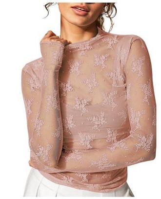 Generic T-shirt transparent en dentelle florale avec trou pour le pouce pour femme, haut à manches longues en dentelle en maille, col montant, chemisier trans