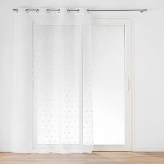 Douceur d'Intérieur Voilage à Oeillets (140 x 240 cm) Pompinou Blanc, Voile Sablé avec Pompons