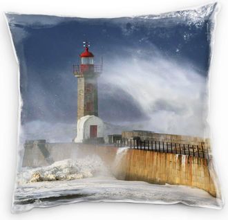 Paul Sinus Art Meer, Leuchtturm, große Wellen, blau, braun, weiß Deko Kissen 40x40cm für Couch Sofa Lounge Zierkissen - Dekoration zum Wohlfühlen