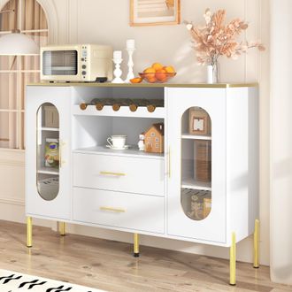 Suky Brand Weißes Sideboard, Glasfronten Weinregal, Sideboard für Esszimmer Wohnzimmer, Verstellbarer Fuß, Viel Stauraum modernes Design, 120 L x 38 B x 90 HCM