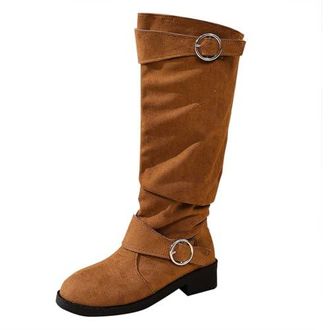 Generic Bottes larges en daim synth&eacute;tique pour femme - Style d&eacute;contract&eacute; - Bout rond - Talon bas et &eacute;pais - Polyvalentes et confortables - &Agrave; enfiler - Pour f&ecirc;