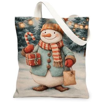 Generic Sacs fourre-tout vintage en toile motif bonhomme de neige, charmant motif vacances dhiver, sacs d&eacute;picerie r&eacute;utilisables, l&eacute;gers et lavables en toile p