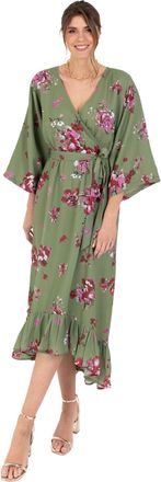 Lovedrobe Womens Ladies Maxi Dress V-Neck Kimono Half Sleeve Wrap Front High-Low Hem Floral Print Waist Tie A-line Summer Green 44