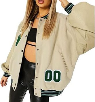 Onsoyours Veste De Baseball Femme Manteau Varsity Jacket College Jacket Veste De Couple Unisexe Veste De Survêtement D Beige XL