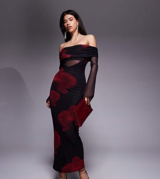 KAIIA Exclusive - Figurbetontes Netzstoff-Maxikleid mit Carmen-Ausschnitt, Trompeten&auml;rmeln, transparenten Eins&auml;tzen und Blumenmuster in Schwarz und Rot-Bunt