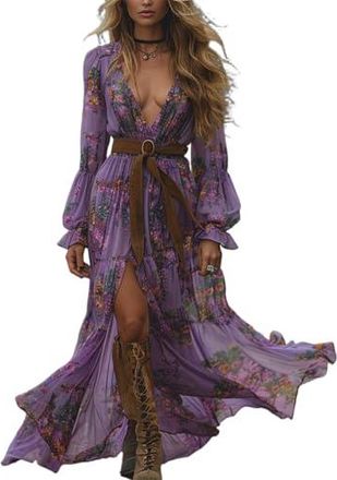 ORANDESIGNE Robe Longue Retro &agrave; Col en V et Manches Longues pour Femmes Robes en Mousseline de Soie Vintage Western Country Robe D&eacute;contract&eacute;e dautomne K Violet M