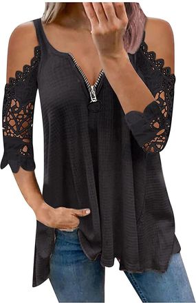 Onsoyours Damen Blusen Elegante Rei&szlig;verschluss Bluse Tunika Oberteile T-Shirt V-Ausschnitt T-Shirt Sommer Tunika Lose Oberteil V-Ausschnitt Tops A Schwarz 48