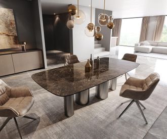 DELIFE Esstisch Edge Boot 240x120 Keramik Laminam Emperador Extra Lucidato Dunkelbraun Pilier Edelstahl Graphit, Esstische