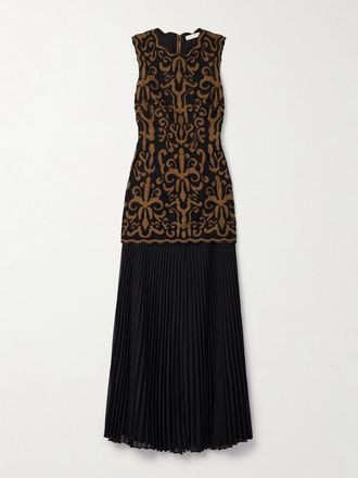 Ulla Johnson Auryn Mehrlagiges Maxikleid Aus Taft, Mesh Und Plissiertem Seidenchiffon Mit Applikationen - Braun