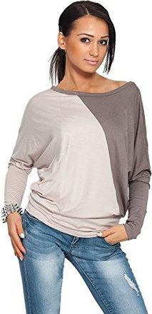 FUTURO FASHION Haut à Manches Longues Chauve-Souris - Femme - Color Block/Style Kimono - 6042 - Beige/Cappuccino - 36/38 (M)