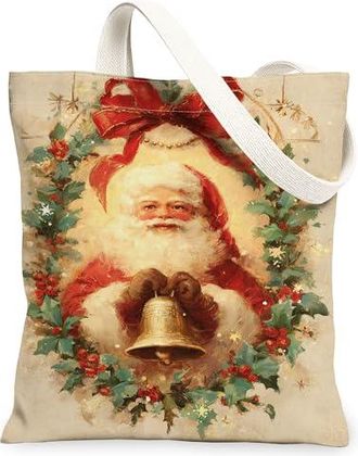 Generic Sacs fourre-tout en toile avec motif P&egrave;re No&euml;l - R&eacute;utilisables - L&eacute;gers et lavables - Avec bandouli&egrave;re, Beige, 13x15 Inch