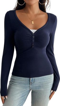 Minetom Langarmshirt Damen Tshirt V-Ausschnitt Knopfleiste Oberteile Sexy Slim Fit T-Shirt Stretch Spitze Patchwork Basic Tops A Dunkelblau XS