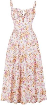 Ibtom Robe Femme Floral Imprimé de Plage Bretelles Spaghetti Fendue dÉté Boho Casual Corset Photographie Vacance Rose-Jaune-Floral XL