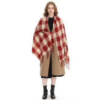 Miss Lulu Winter Schal Damen Oversized - kuschelig warmer karierter Wollschal mit langen Fransen, Weihnachtsschal f&uuml;r Frauen, Mama & Freundin oder f&uuml;r Alltag (R