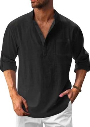 Onsoyours Hommes Chemises en Lin Solid Henley Shirts Casual Manches Longues été Mao Chemise de Plage Classique Décontractée Casual Regular Fit B Noir M