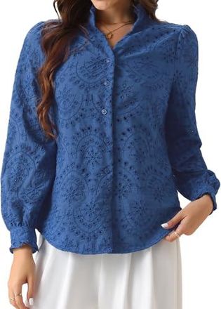 Allegra K Chemisier D&eacute;contract&eacute; Femme Ajour&eacute; Florale Style Boho Chemise Col en V Boutonn&eacute;e &agrave; Manches Bouffantes Coupe Ample Blouse Vintage Bleu Royal XL