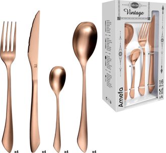 Amefa INSTINCT Besteck Set 4 Personen | 16-teilig | PVD Besteck Kupfer-farben im Vintage Style | Besteckset 4 Personen Edelstahl 18/0 matt | je 4x Tischgabe